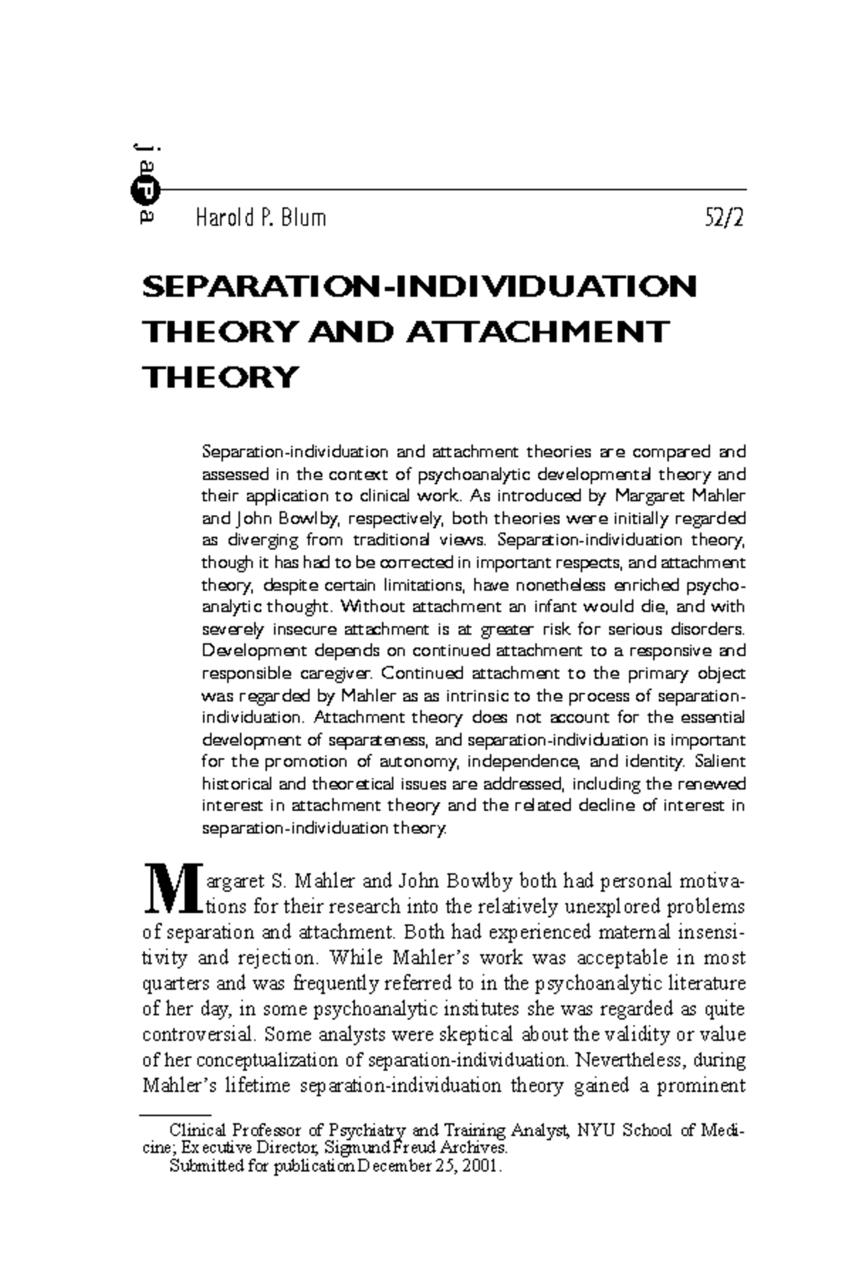 Separation-Individuation Theory vs. Attachment Theory: Clinical ...