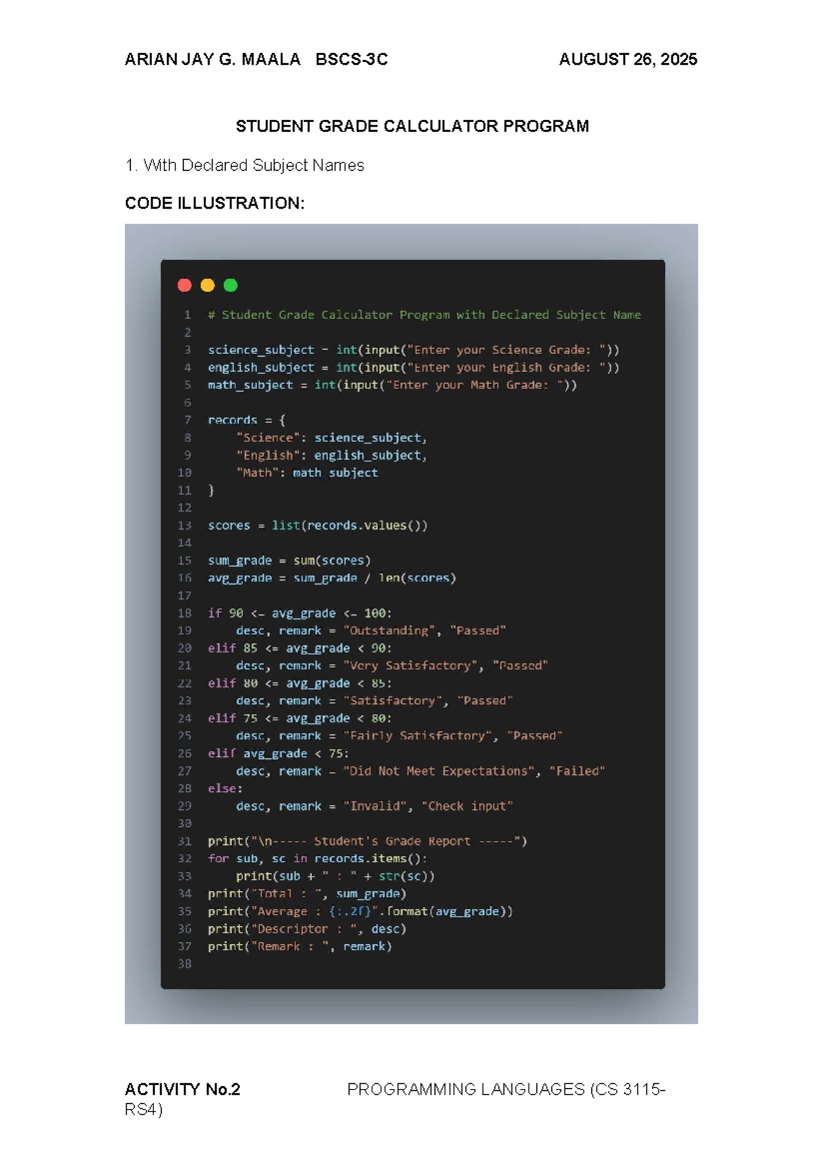 CS Programming Languages - Student Grade Calculator Program - Studocu
