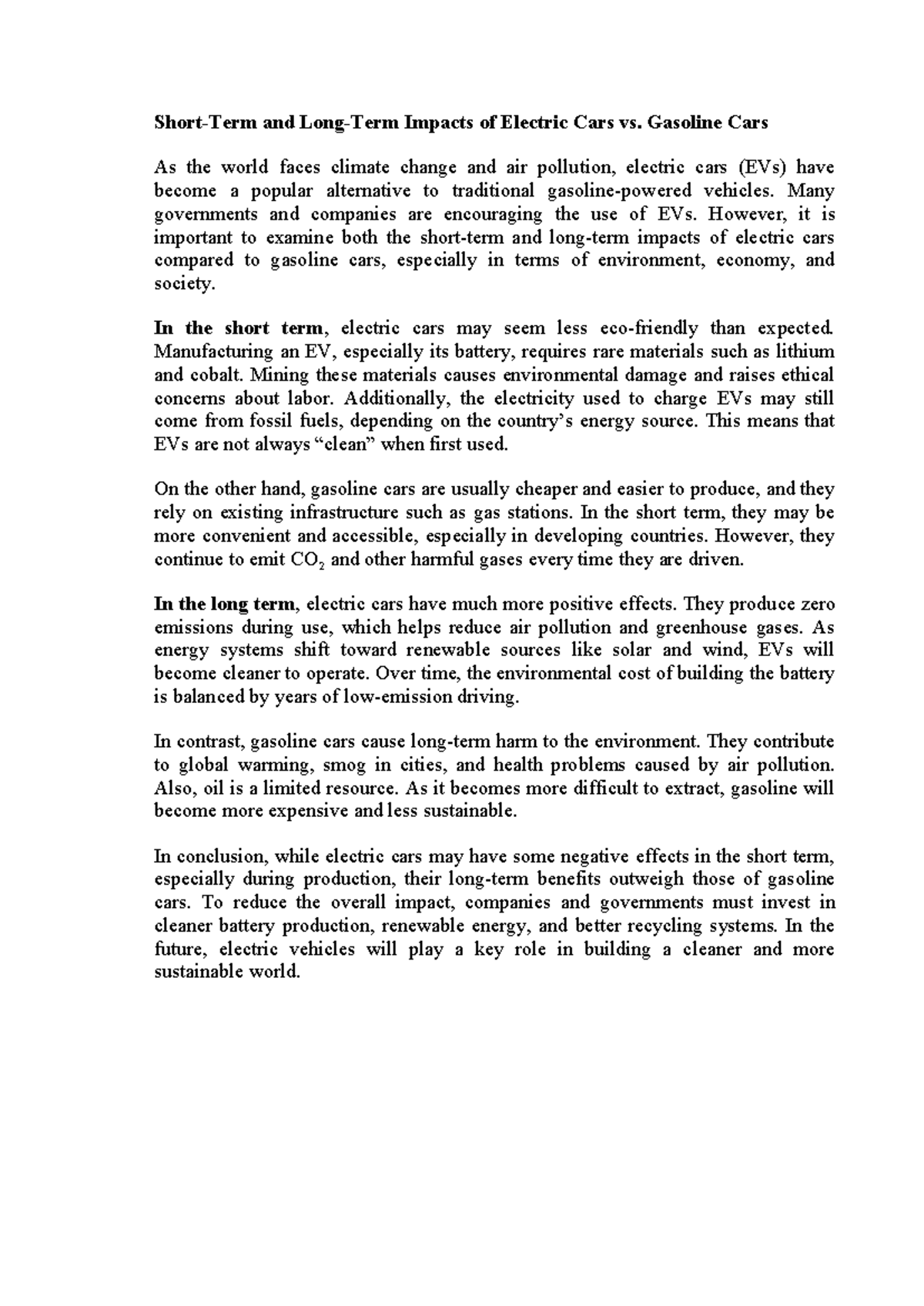 Impacts of Electric Cars vs. Gasoline Cars: An Essay (ENG 101) - Studocu