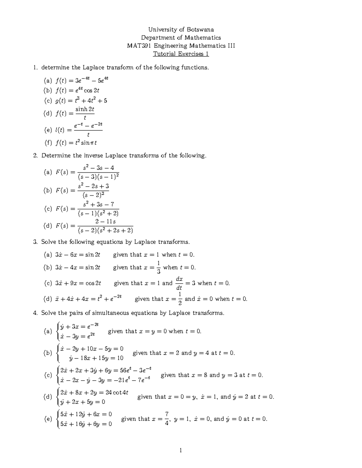 MAT391 Tutorial Exercises 1: Laplace Transforms & Solutions - Studocu