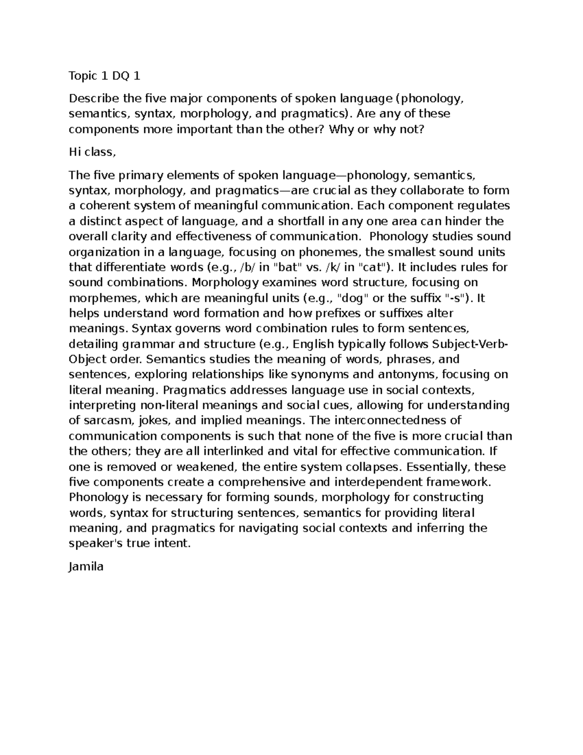 Topic 1 DQ 1 - The Five Key Components of Spoken Language - Studocu