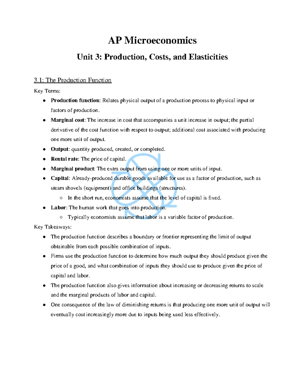 AP Microeconomics Unit 3: Production, Costs, and Elasticities Notes ...