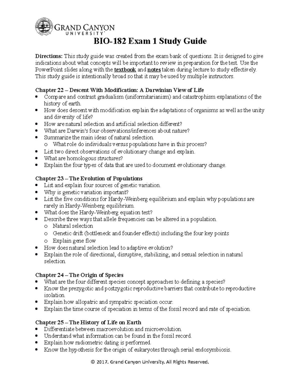 BIO 182 RS Exam 1 Study Guide: Key Concepts & Evolutionary Principles ...
