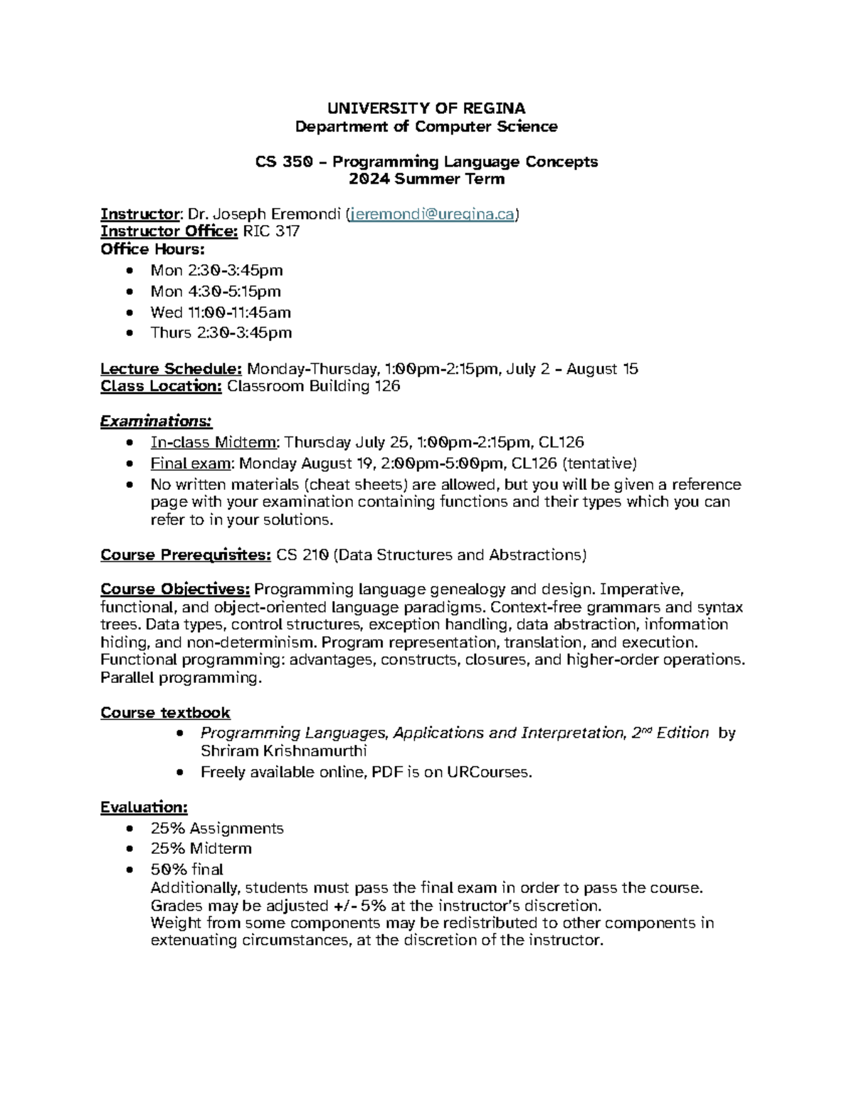 CS350 Syllabus - Programming Language Concepts, Summer 2024 - Studocu