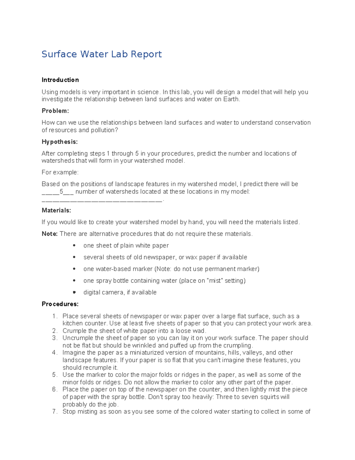 Surface Water Lab Report: Investigating Watershed Formation & Flow ...