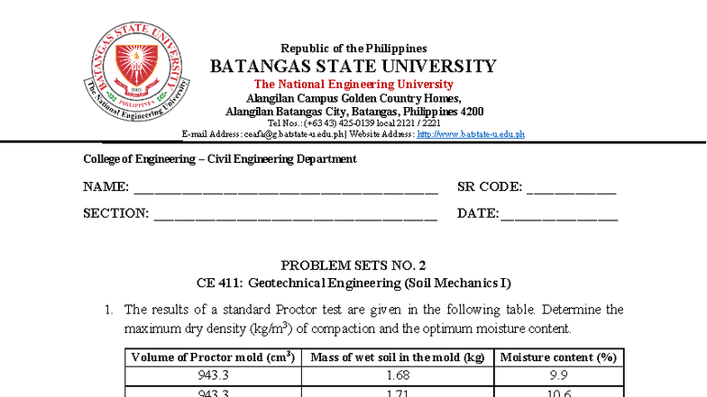CE 411: Problem Set #2 - Geotechnical Engineering (Soil Mechanics I) - Studocu