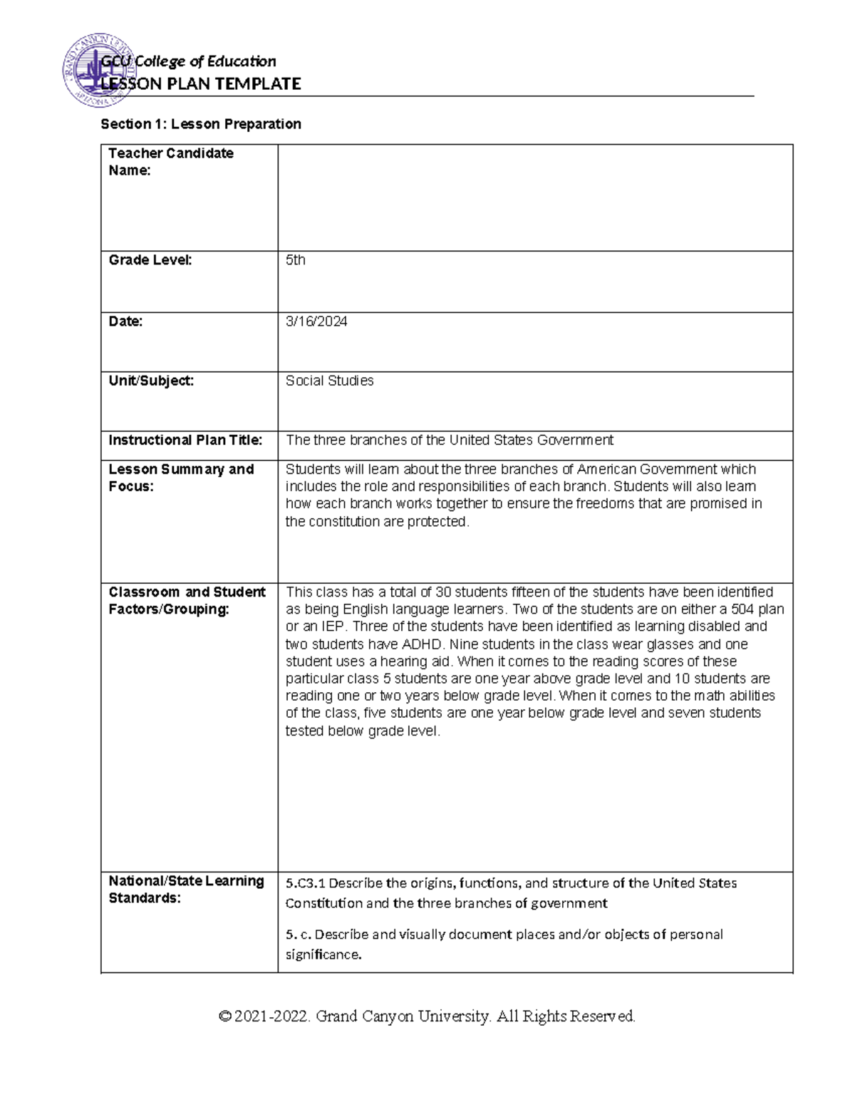 5th Grade Social Studies Lesson Plan: Three Branches of Government ...