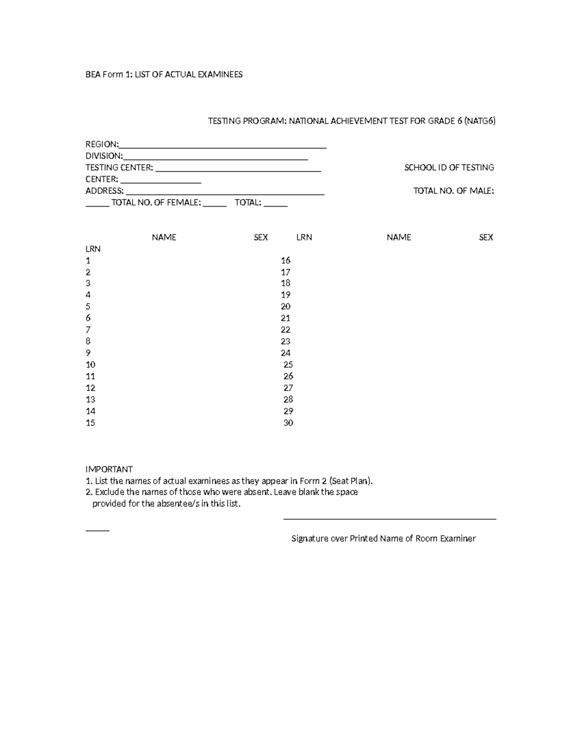 719802211 BEA Form 1: Natl Achievmt Test Examinee List - G6 - Studocu