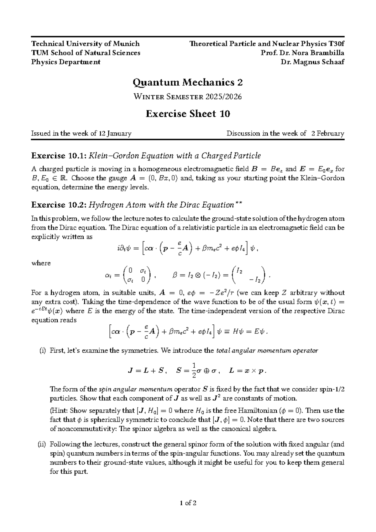 QMII T30f Exercise Sheet 10: Quantum Mechanics 2 Analysis - Studocu
