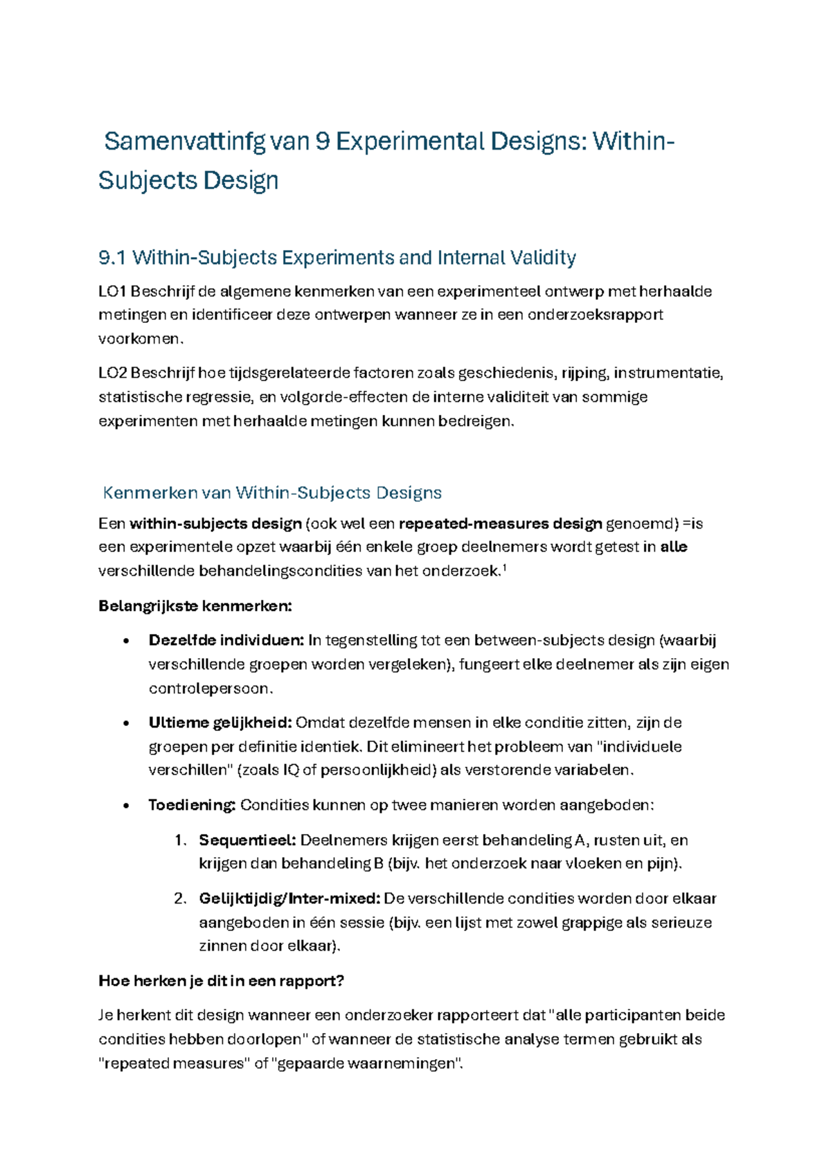 Samenvatting van 9 Experimentele Ontwerpen en Interne Validiteit (H6 ...
