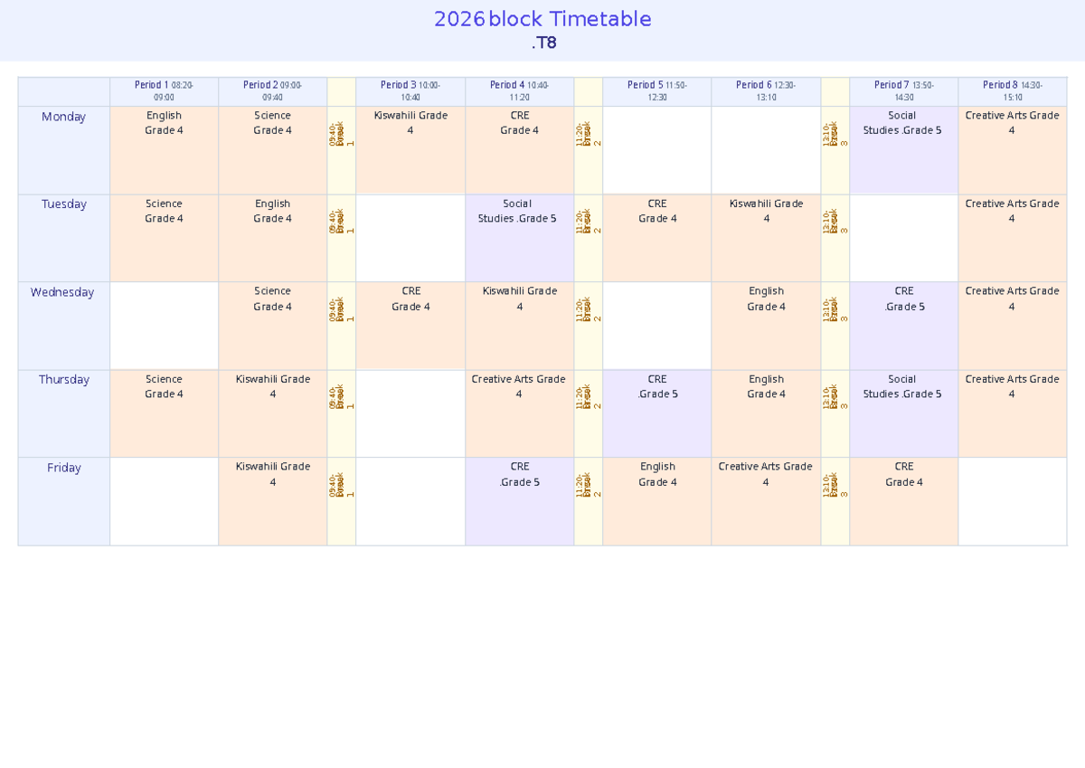 2026 Block Timetable for Grades 4 & 5 - Carol K - Studocu