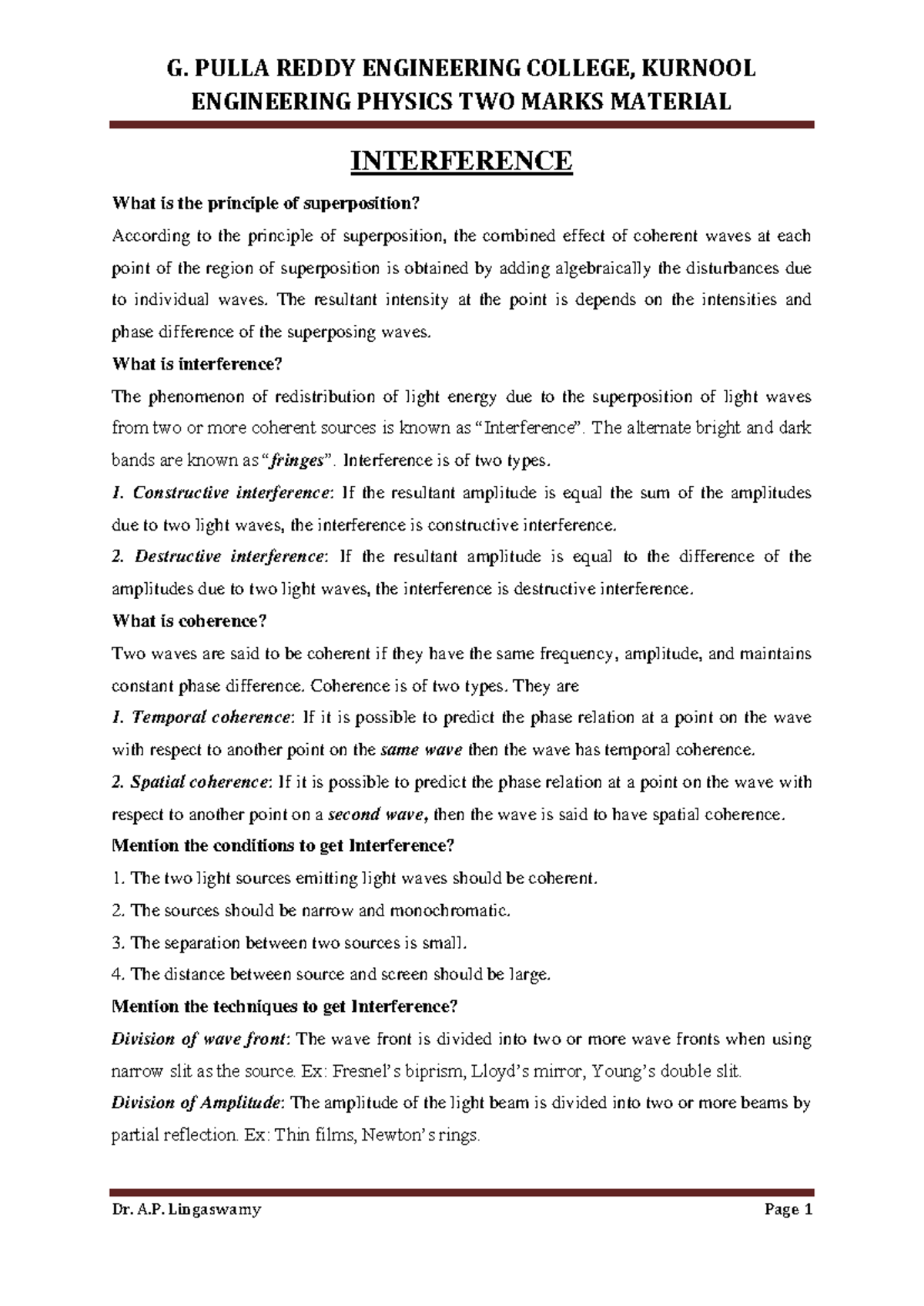 Engineering Physics Two Marks Material (S-23) - Key Concepts and ...