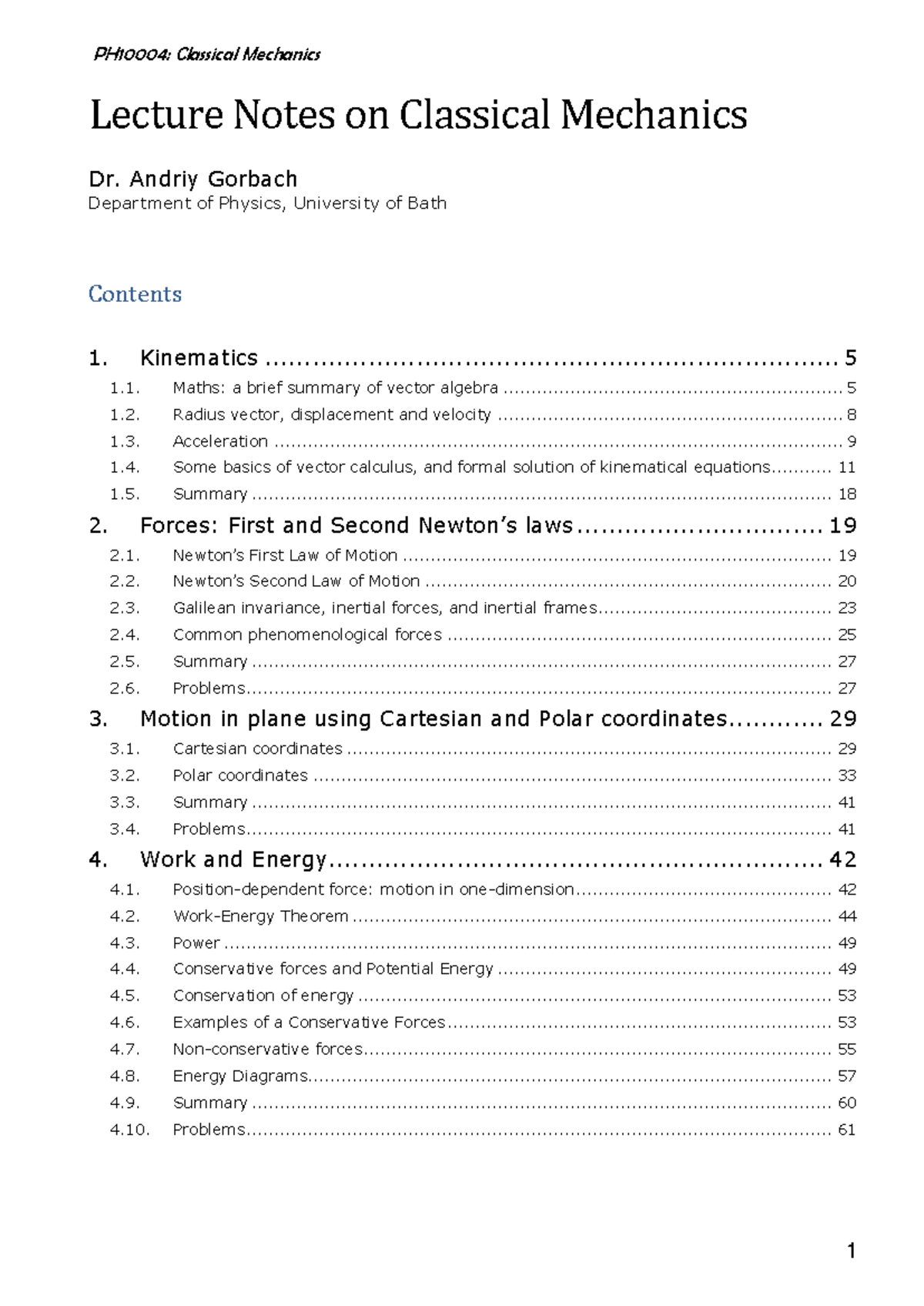 PH10004 Mechanics full notes - PH10004: Classical Mechanics Lecture ...