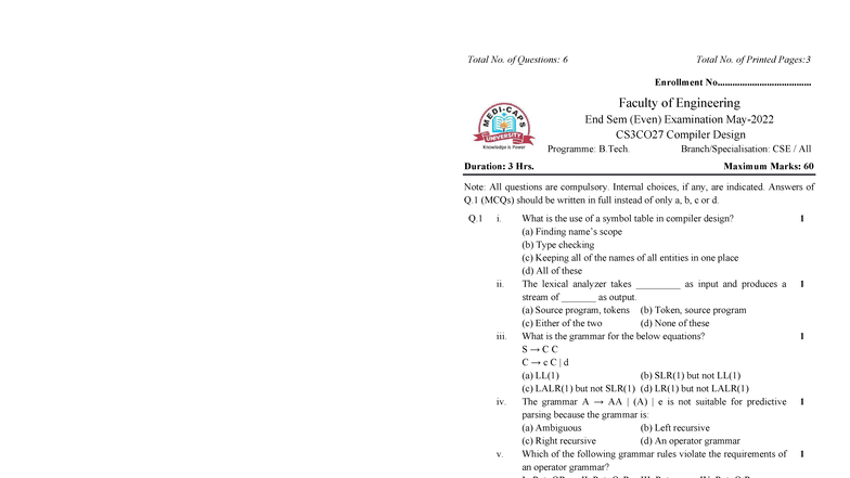 End Sem Exam CS3CO27: Compiler Design Previous Year Questions - Studocu