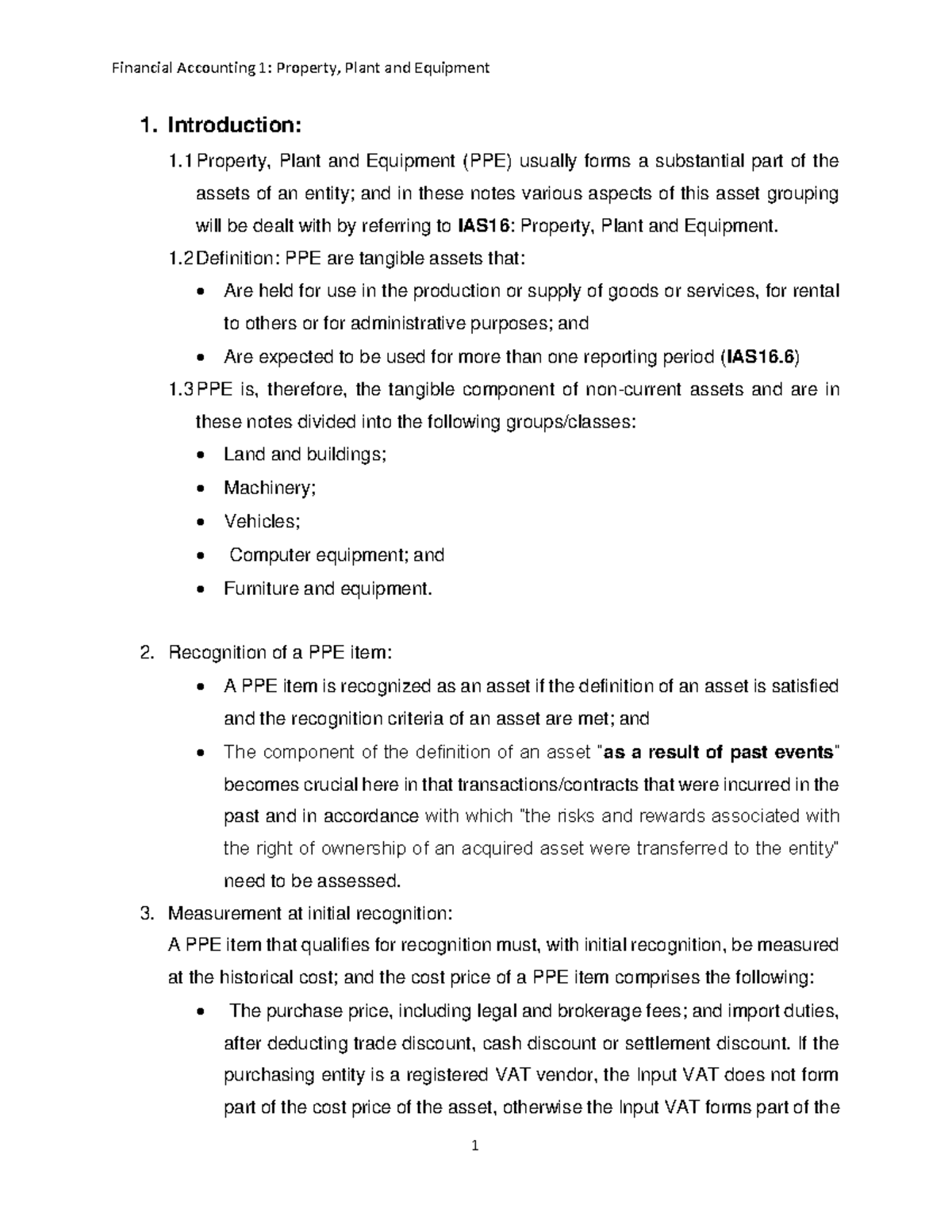 Notes on Financial Accounting 1: IAS16 Overview of PPE - Studocu
