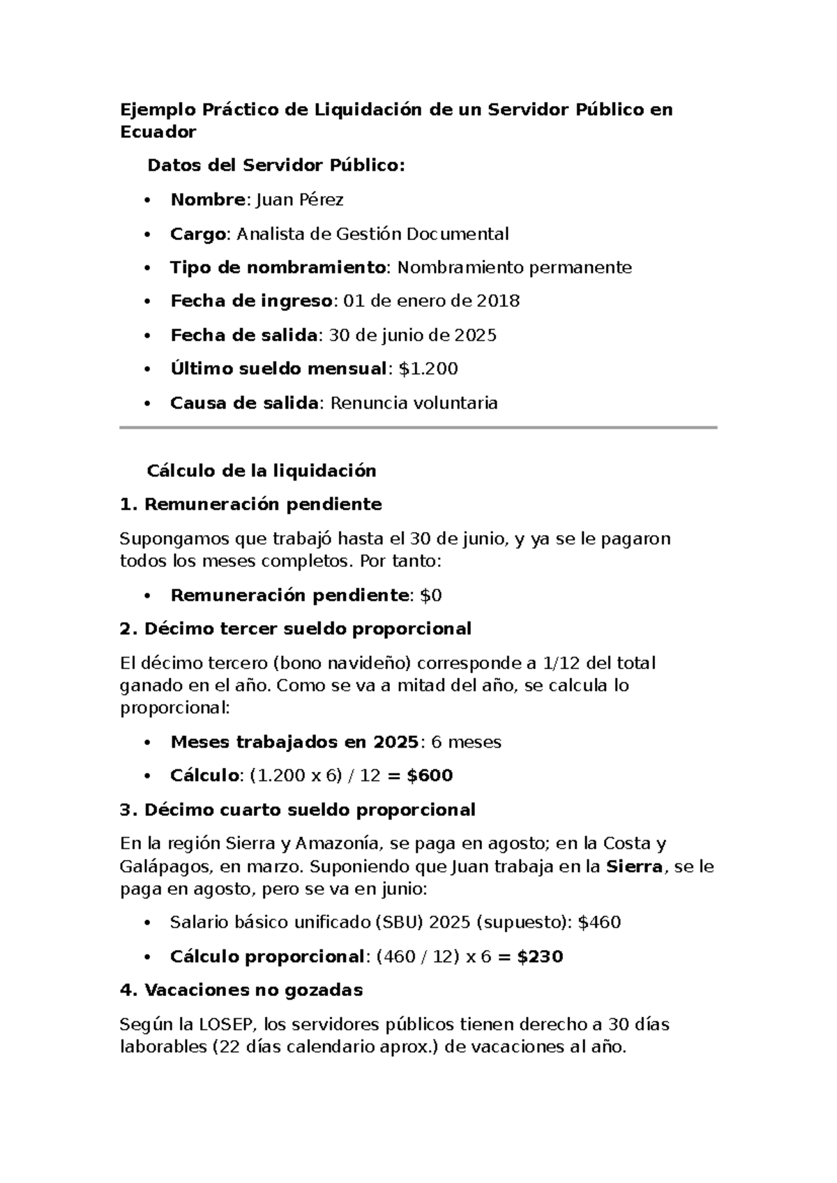 Ejemplo Práctico de Liquidación de Servidor Público en Ecuador - Studocu