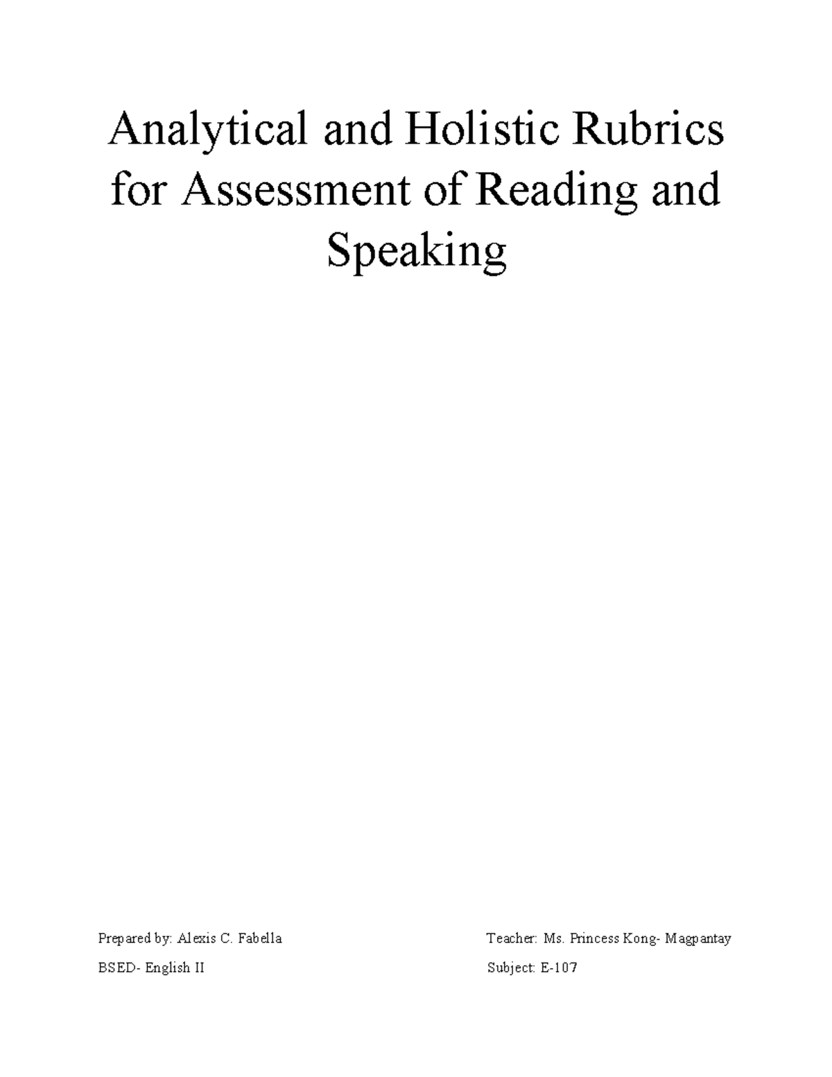 Analytical & Holistic Rubrics for Reading & Speaking Assessment (Eng II ...
