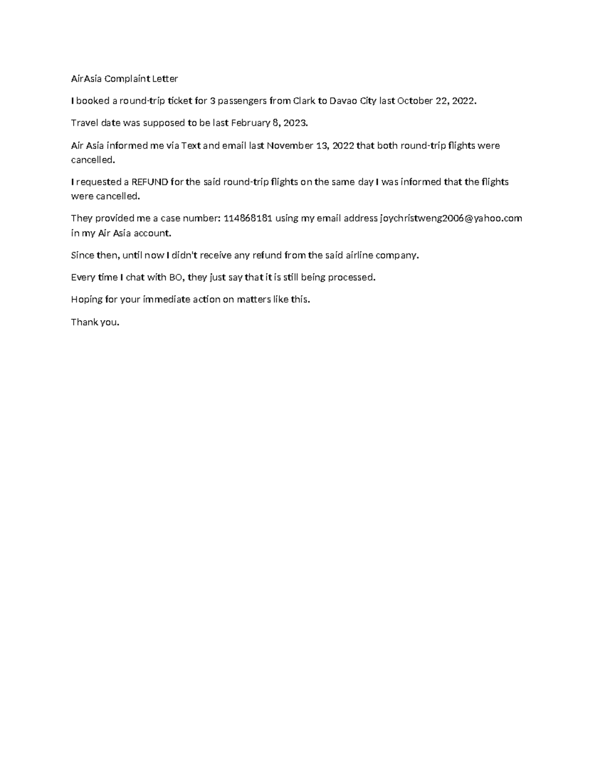 AirAsia Complaint Letter: Refund Request for Cancelled Flights - Studocu