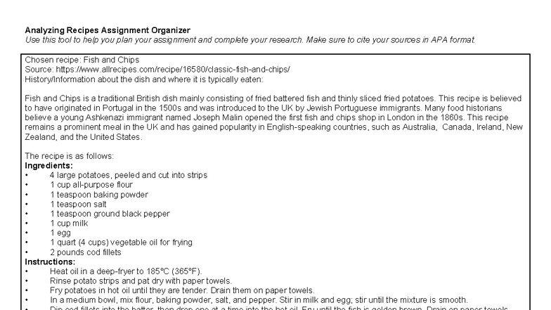 Analyzing Recipes Assignment: Fish and Chips Modification Guide - Studocu