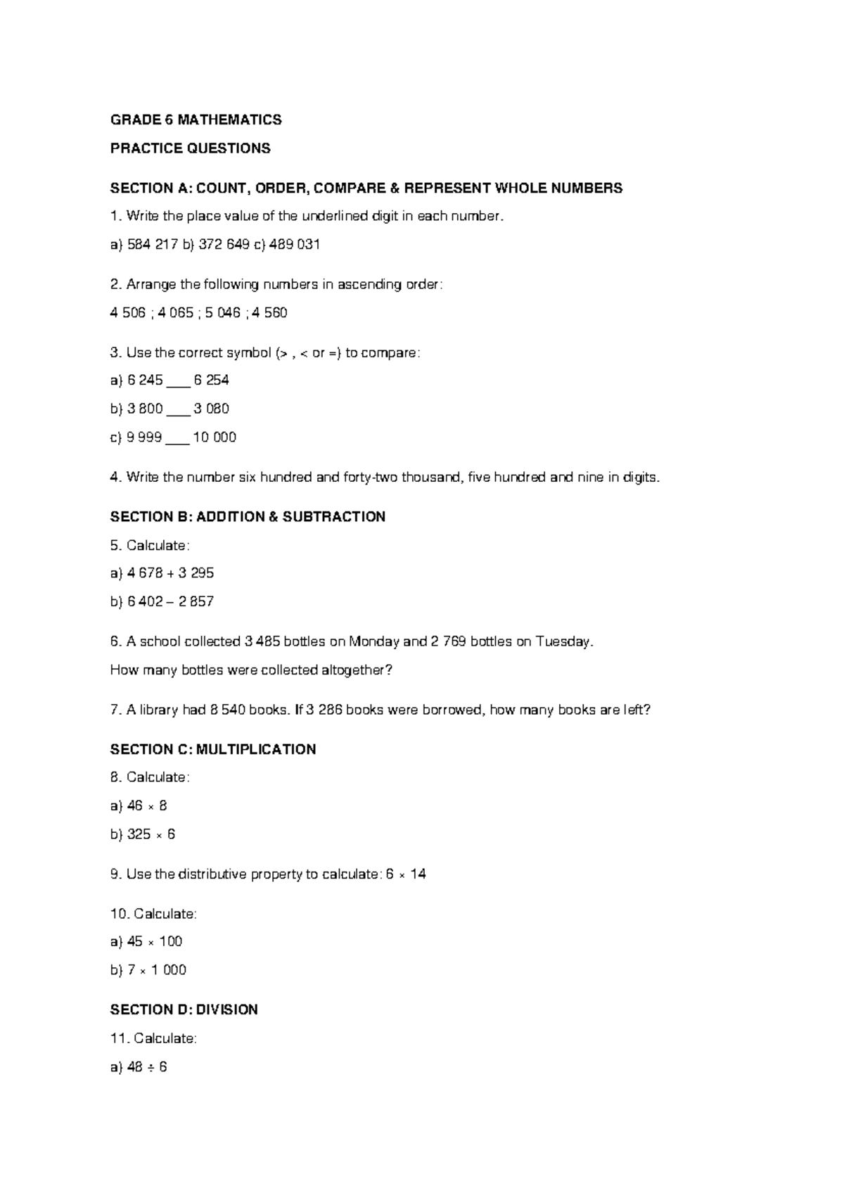 Grade 6 Math Practice Questions & Memo: Whole Numbers & Operations ...