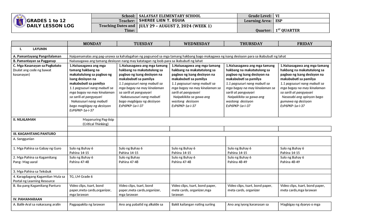 DLL ESP-6 Q1 W1 - Lesson Log for Grade VI: Decision Making Activities ...