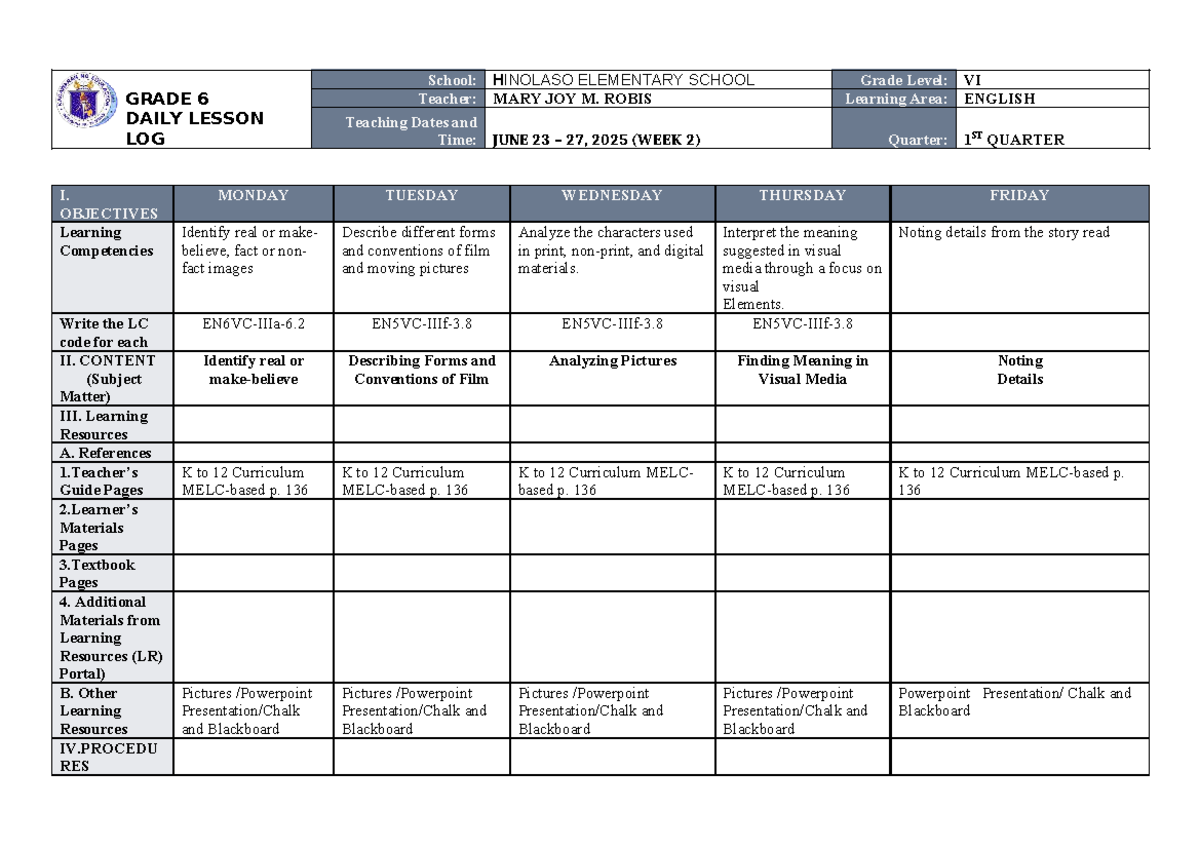 DLL English 6 Q1 W2: Lesson Plans on Visual Media and Film Analysis ...