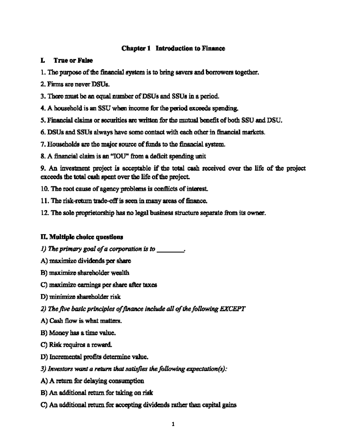 Chapter 1 Finance I: True/False & MCQ Review - Studocu