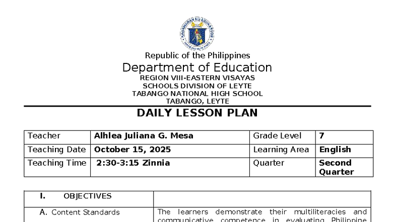 Grade 7 English Daily Lesson Plan (October 15, 2025) - Studocu
