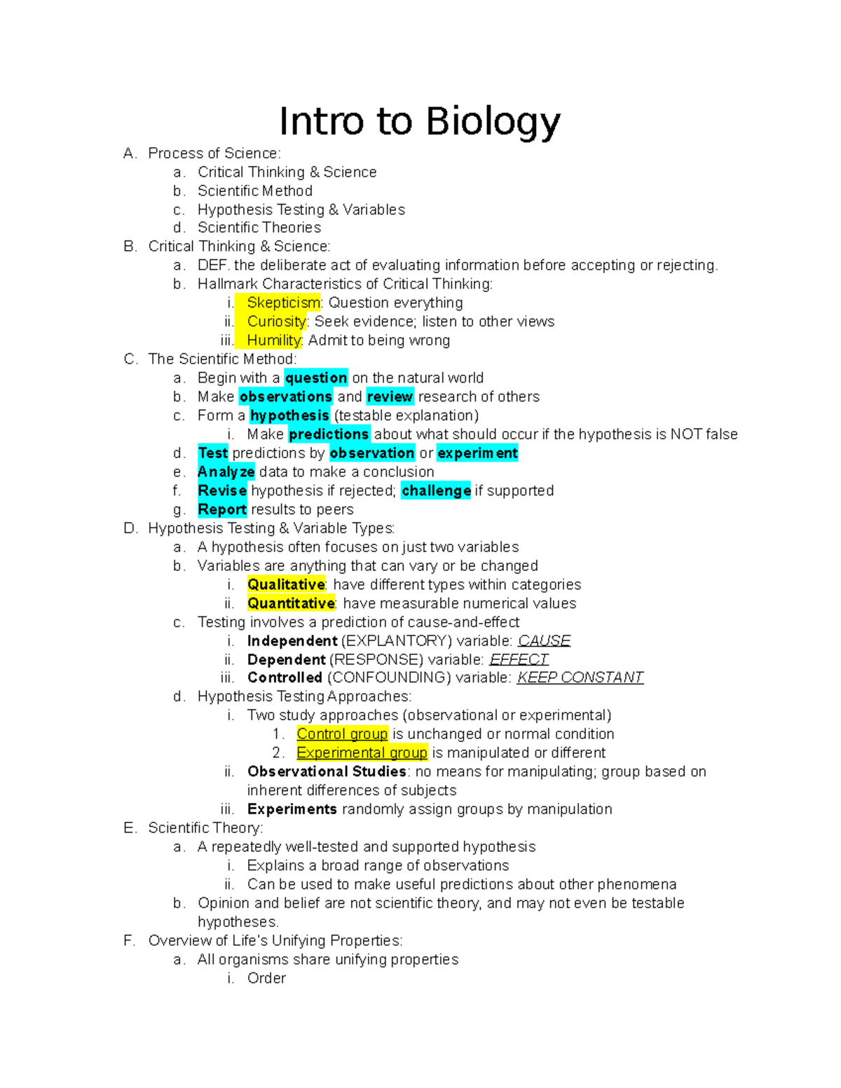 Biology Notes Overview - BIOL 1308: Science Methods & Life's Properties ...