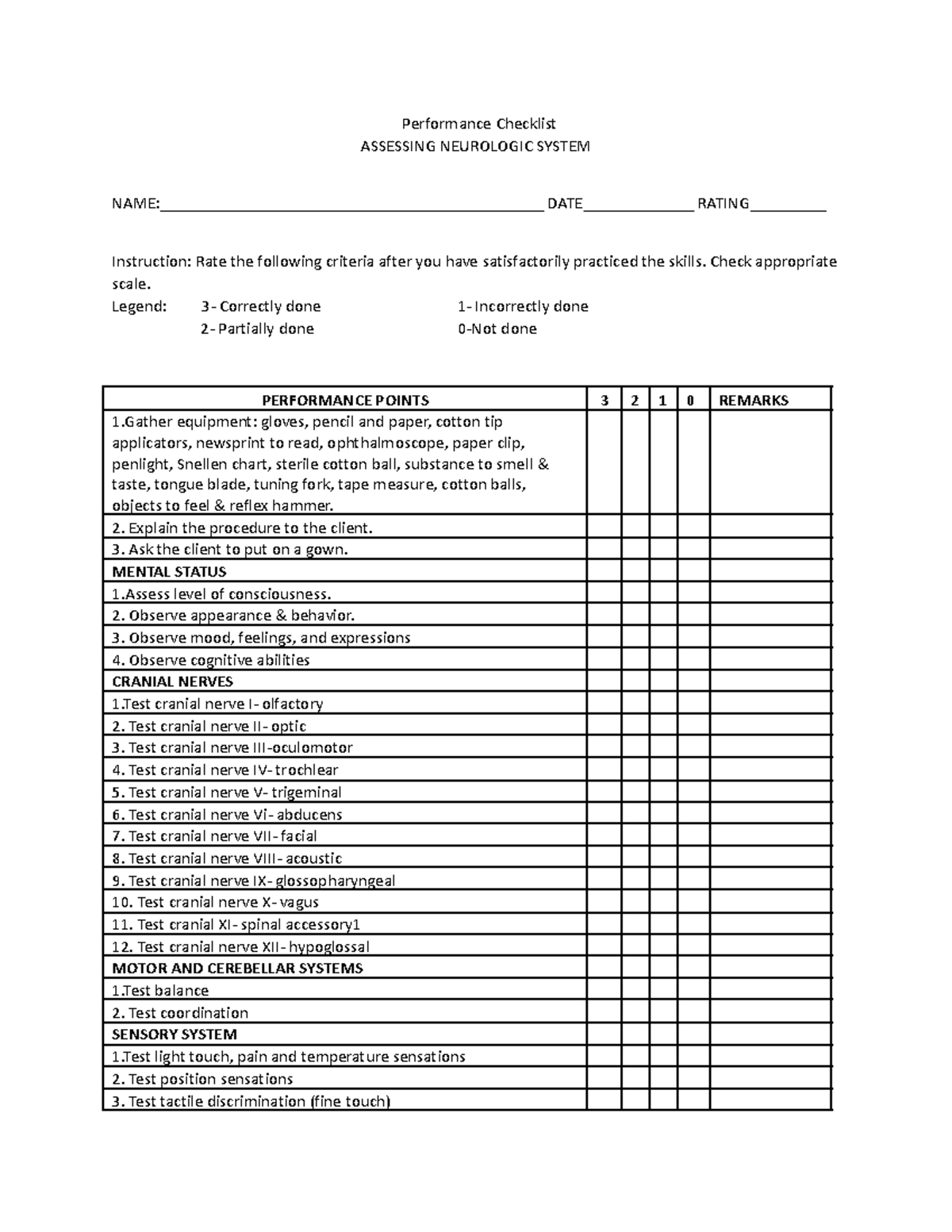 Neurologic System Health Assessment Checklist - Performance Evaluation ...
