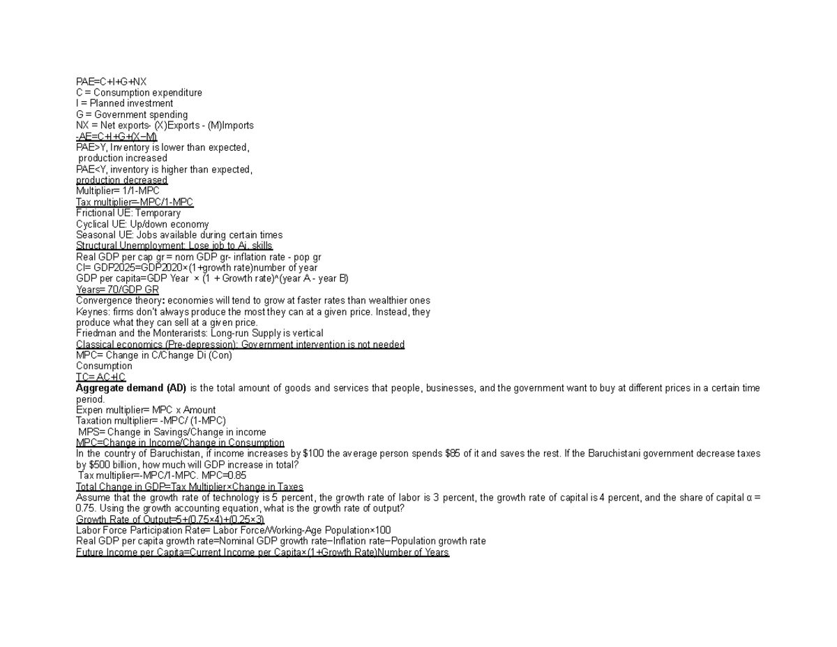 Quiz 2 Cheat Sheet for Econ: Consumption, Investment, and GDP Analysis ...