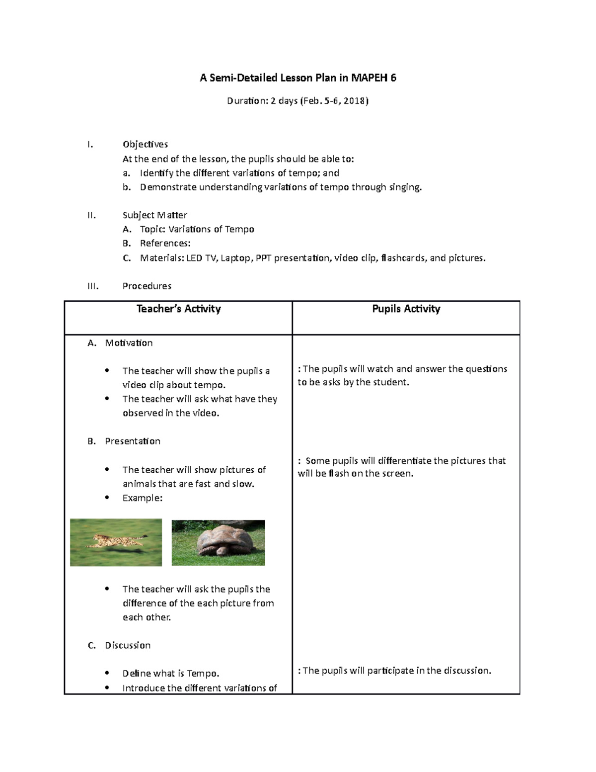 Semi Detailed Lesson Plan In Mapeh Elementary Lesson Plan 3 Types Of