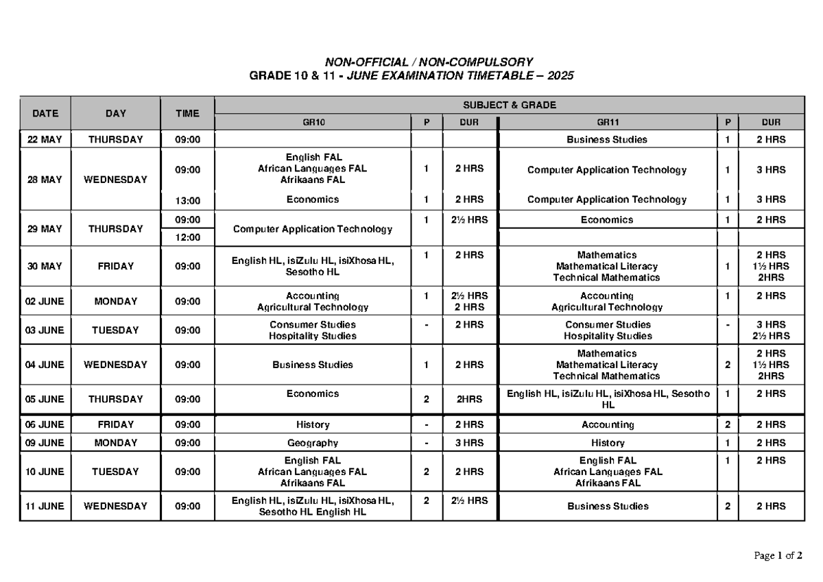 Grade 10 & 11 June Exam Timetable 2025 - Non-Official - Studocu