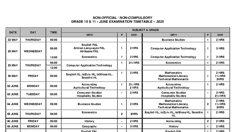 Grade 10 & 11 June Exam Timetable 2025 - Non-Official - Studocu