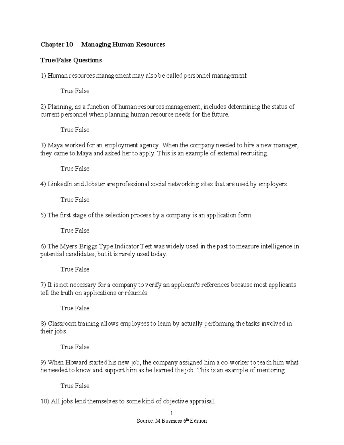 Chapter 10 Test Bank Questions for HR Management (M Business 6th Ed ...