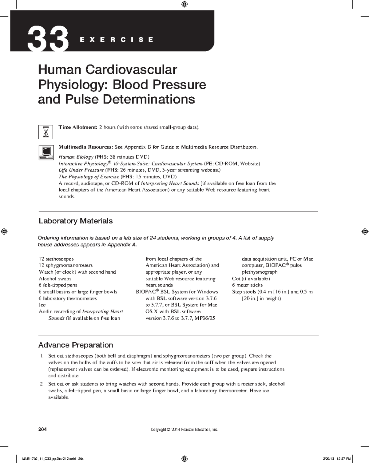 Exercise 33 Instructor Guide: Blood Pressure & Pulse Determinations ...