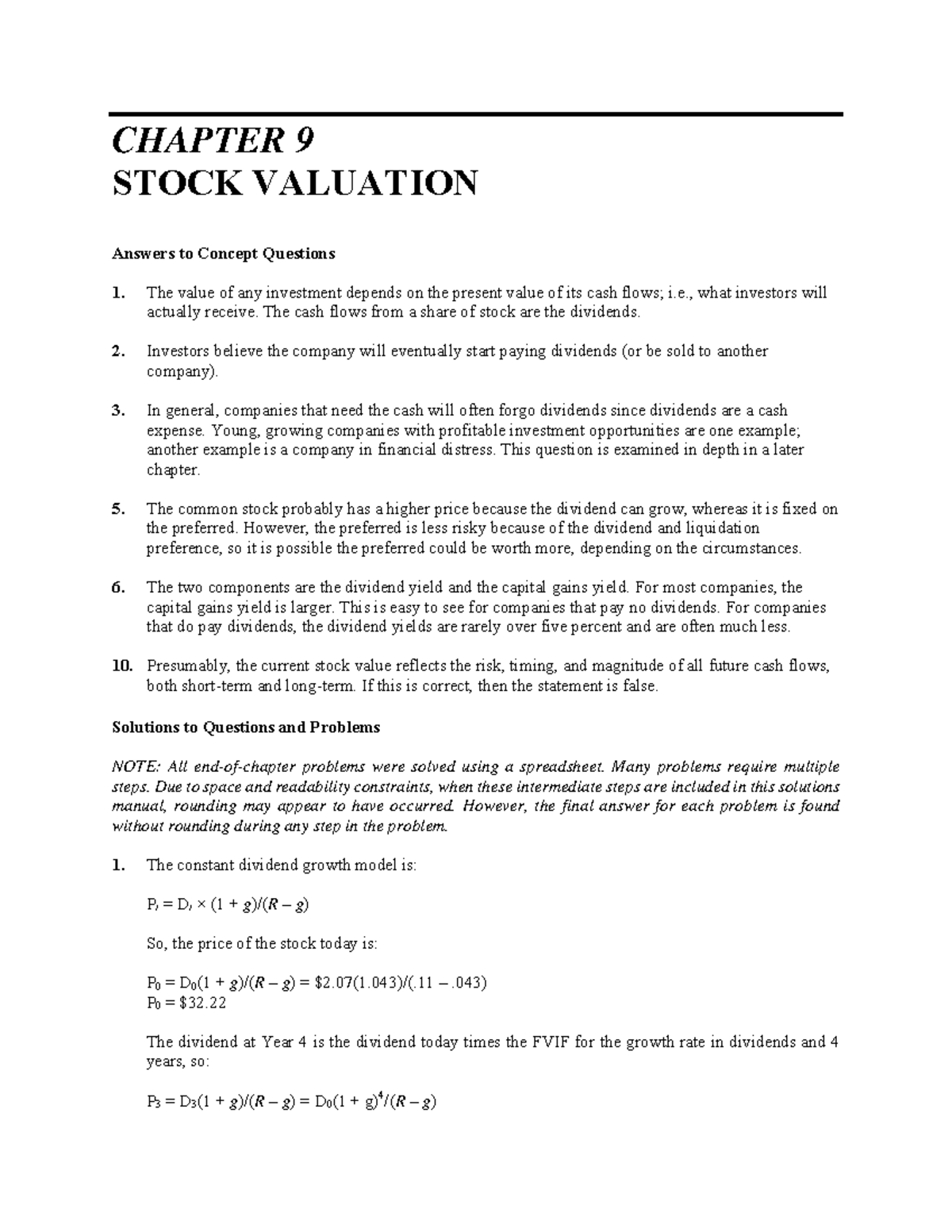 Chapter 9 Solutions: Stock Valuation Concepts and Calculations - Studocu
