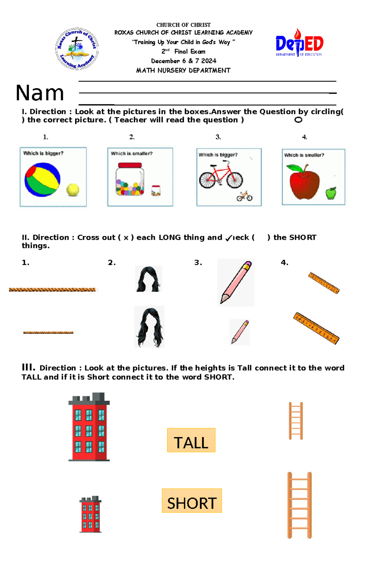 2ND Final MATH Nursery - EXAM - CHURCH OF CHRIST ROXAS CHURCH OF CHRIST ...