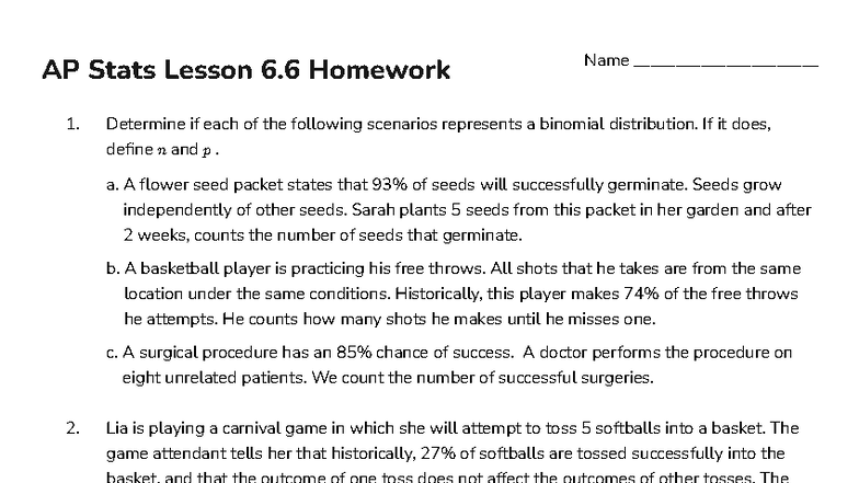 AP Stats Lesson 6.6 Homework 1: Binomial Distribution Scenarios - Studocu