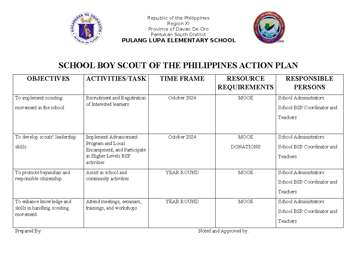 BSP Action Plan for Scouting Movement Implementation - Studocu