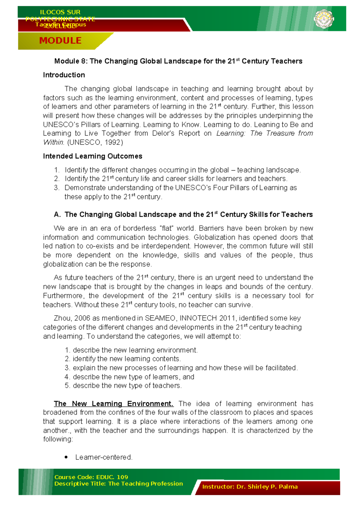 EDUC. 109 Module 8: Adapting to the 21st Century Global Teaching ...