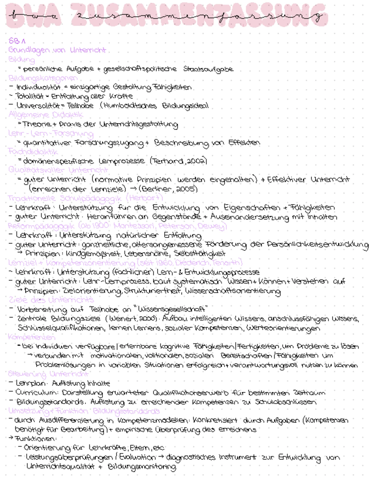 BWA-sb1 Lernzettel - BW-A Sb1: Einführung in Unterrichten und ...