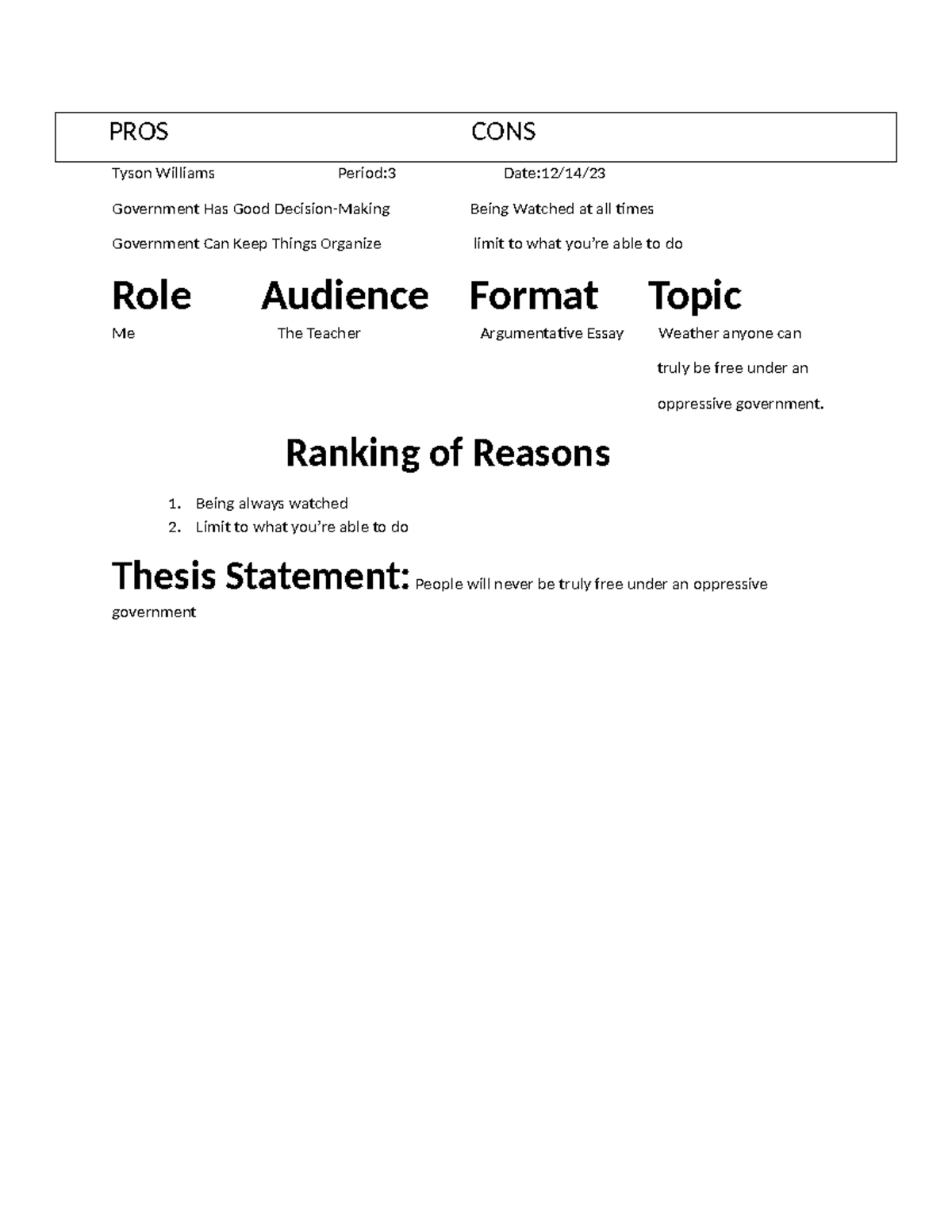 Argumentative writing planning graphic organizer - PROS CONS Tyson ...