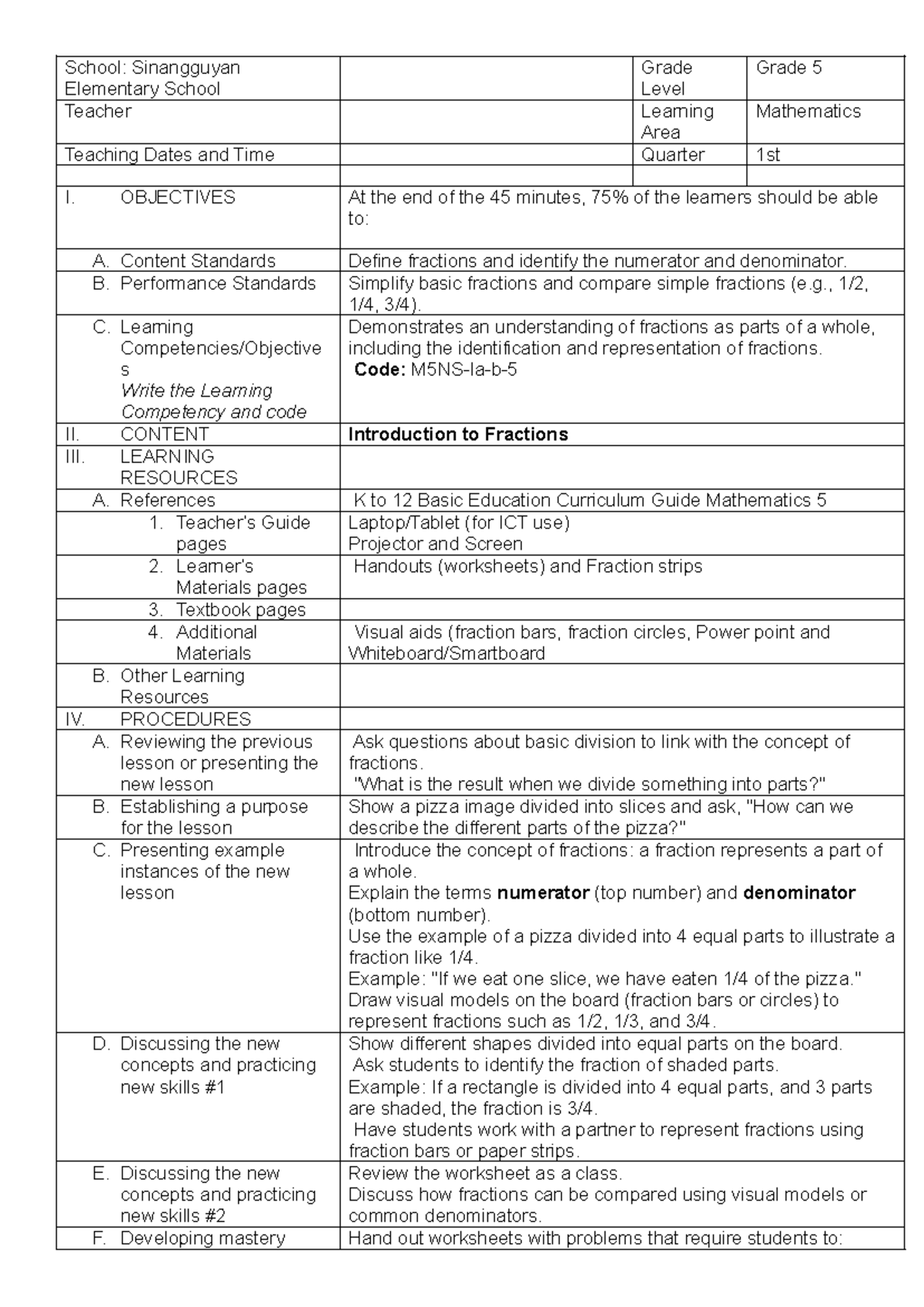 TTL DO 42: Grade 5 Math Lesson Plan on Introduction to Fractions - Studocu