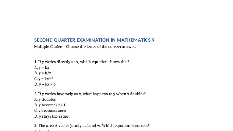 Math 9: Second Quarter Examination - Multiple Choice Questions - Studocu