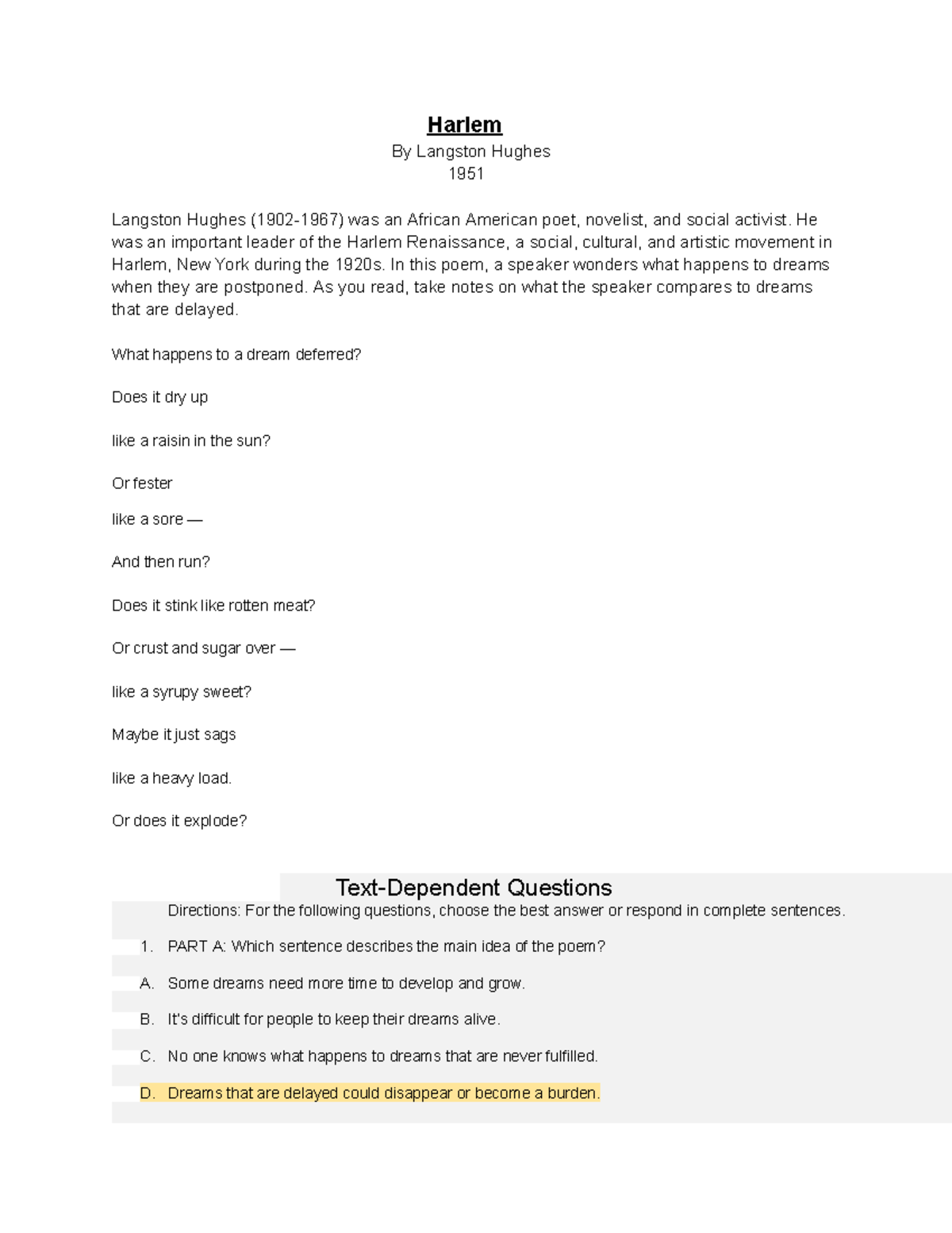 Harlem Poems & Text-Dependent Qs for Analysis and Discussion - Studocu