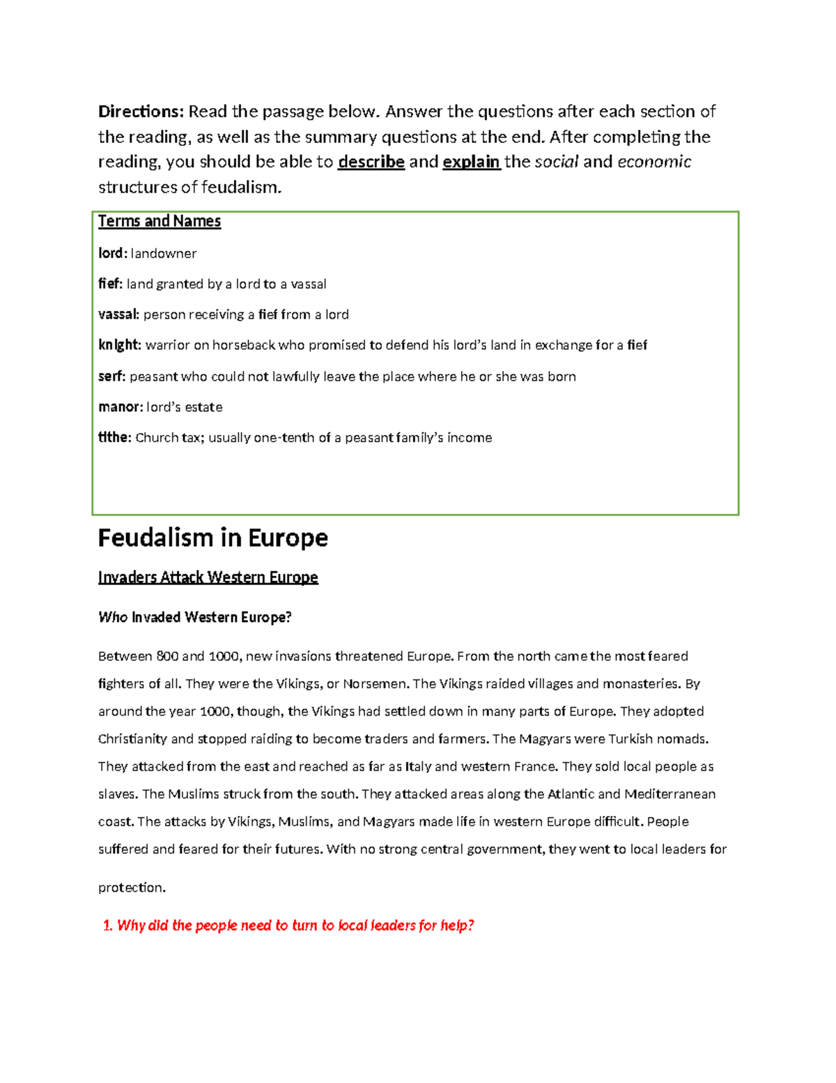 Feudalism in Europe Reading - Directions: Read the passage below ...