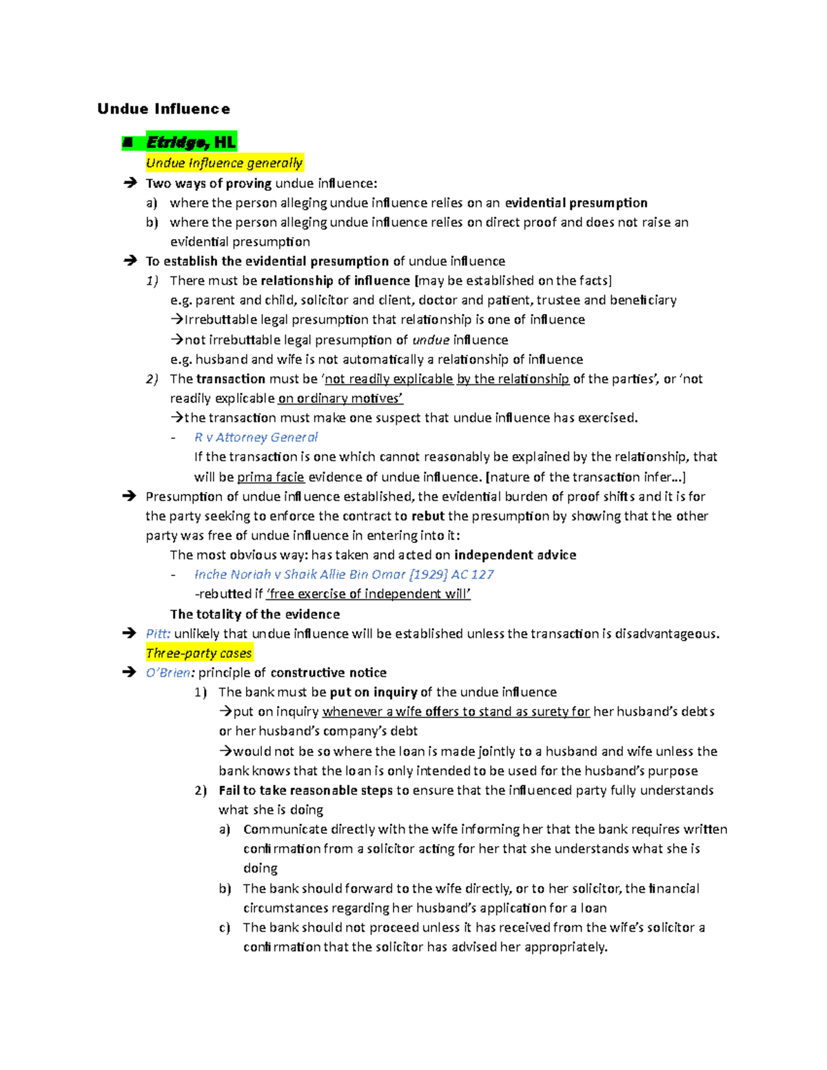 13. Undue Influence - Revision Notes for Legal Studies - Studocu