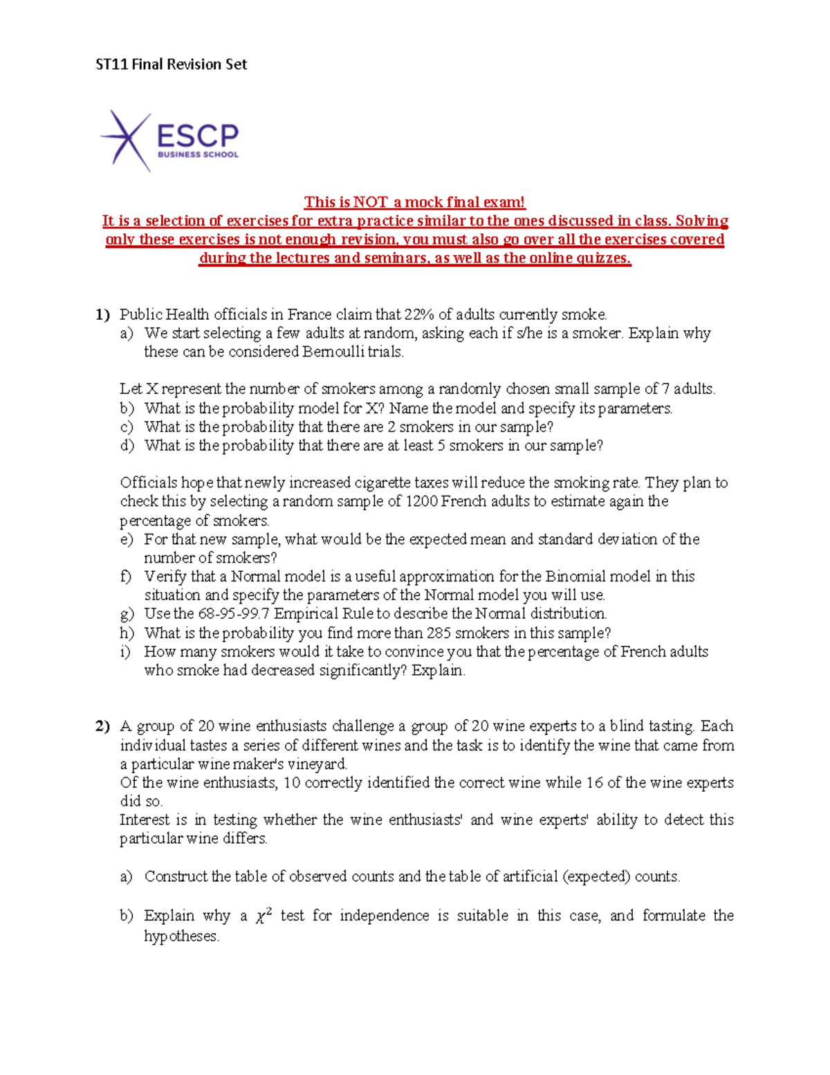 ST11 Final Exam Revision: Probability & Statistics Exercises - Studocu