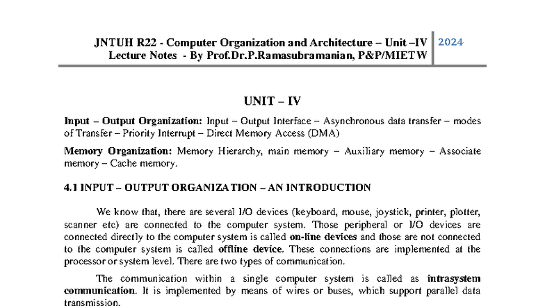 JNTUH R22 Computer Organization & Architecture Unit IV Lecture Notes ...